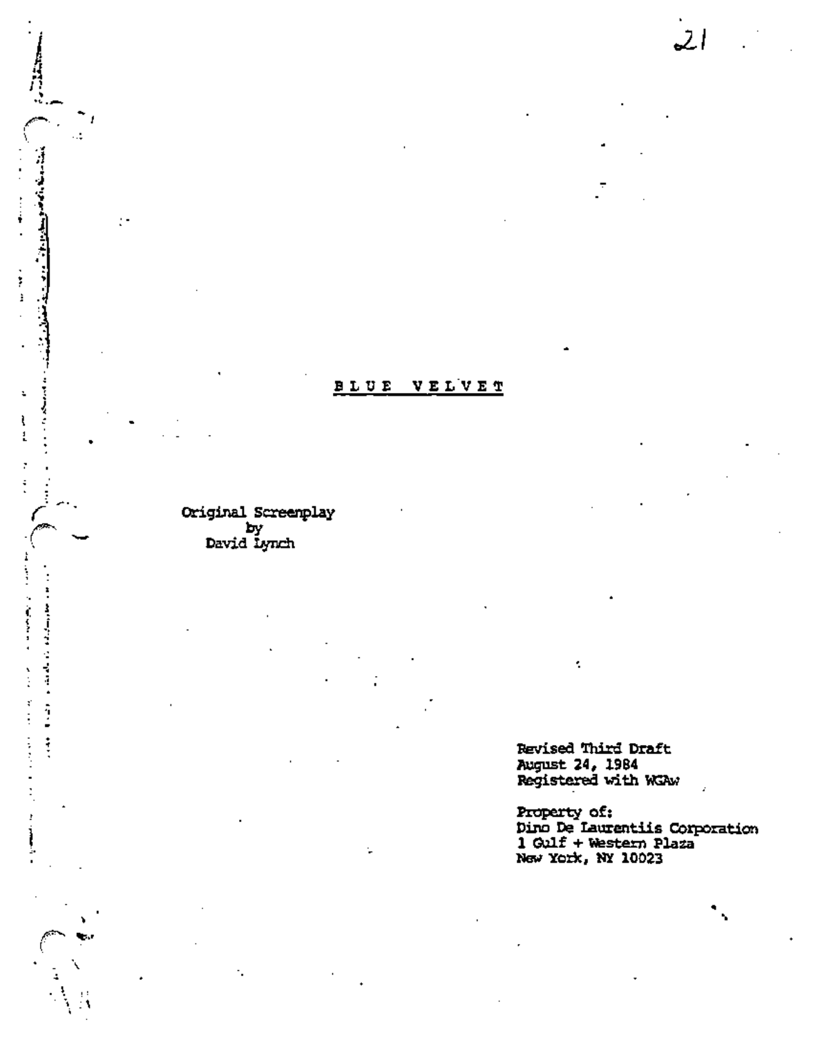 21 BLUE VELVET (1984) Original Screenplay by David Lynch - Revised ...