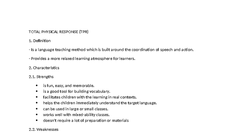 TPR - practical - TOTAL PHYSICAL RESPONSE (TPR) Definition Is a ...
