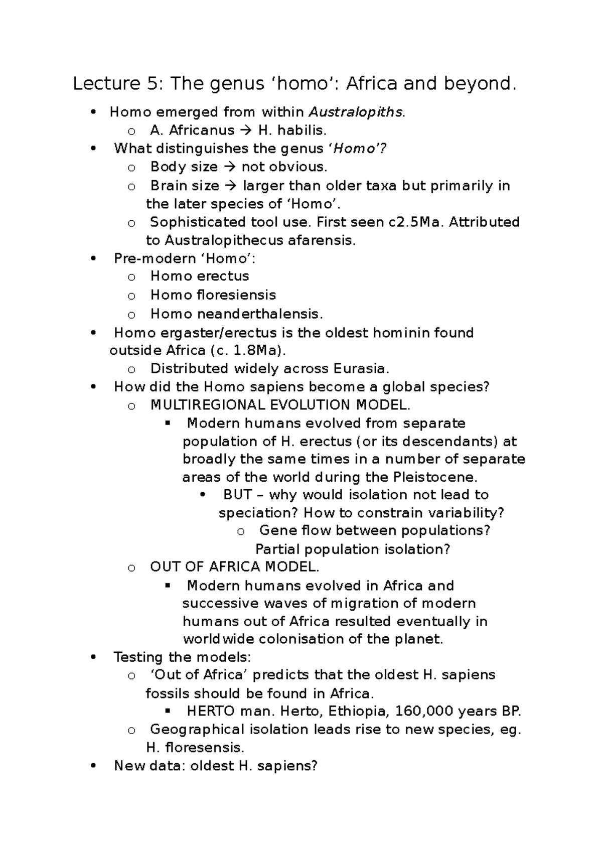 Lecture 5 Notes: The Genus 'Homo' and Human Evolution Overview - Studocu