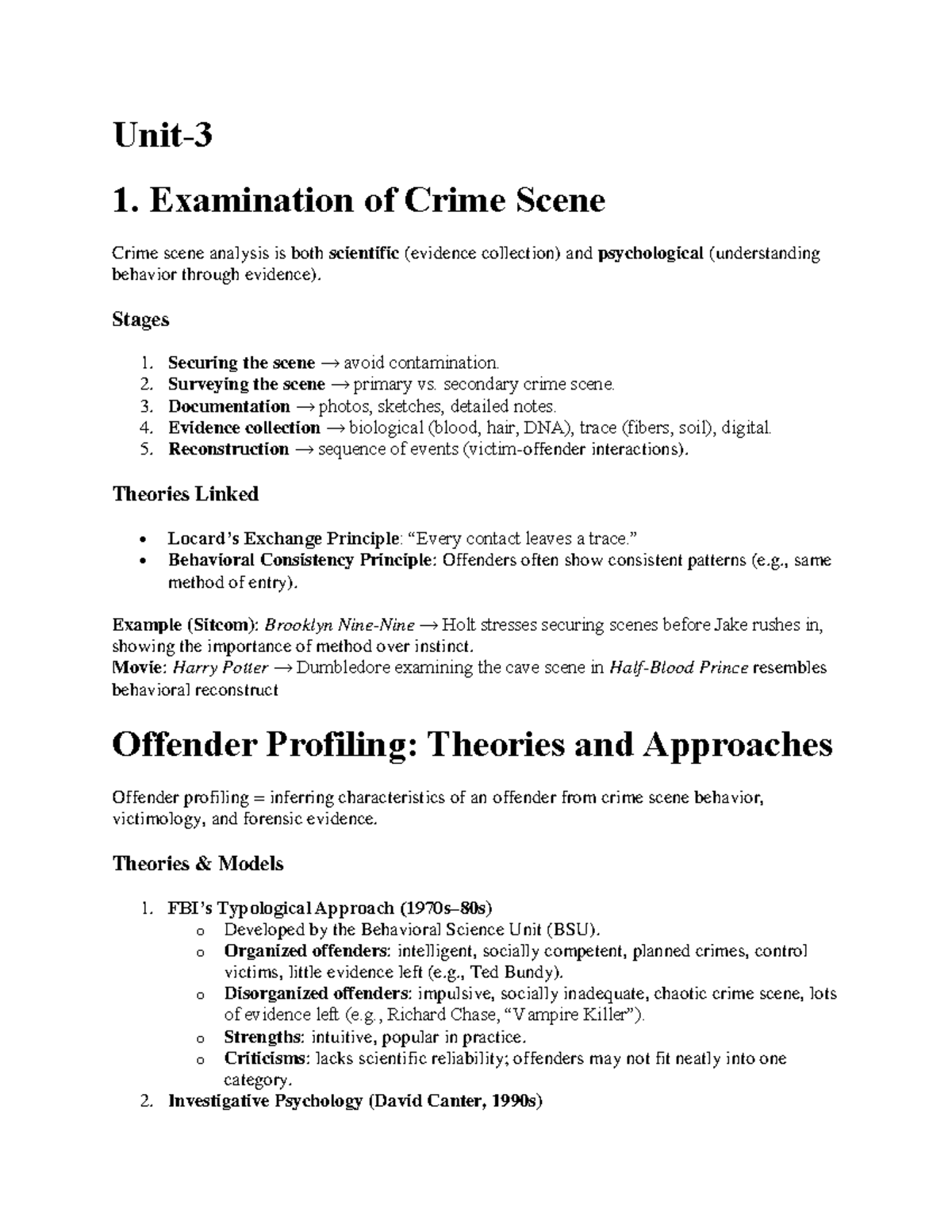 Unit-3 Forensic Notes: Crime Scene Analysis & Homicidal Theories - Studocu