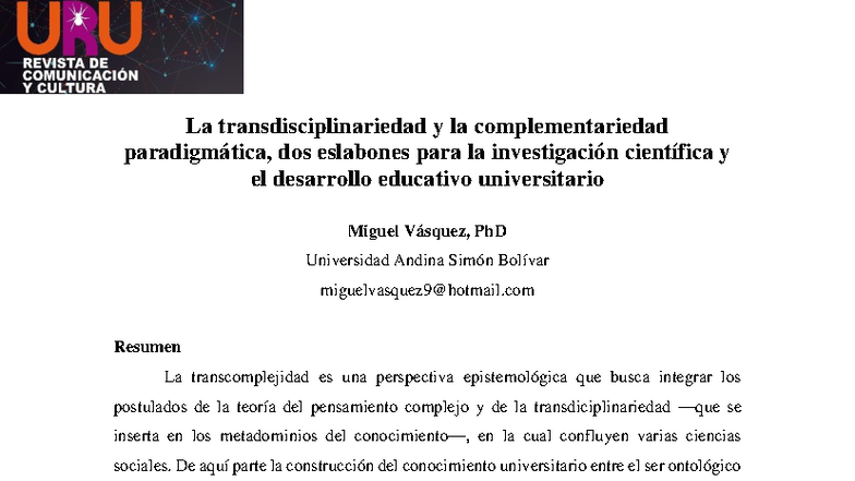 La transdisciplinariedad y la complementariedad paradigmática en la ...