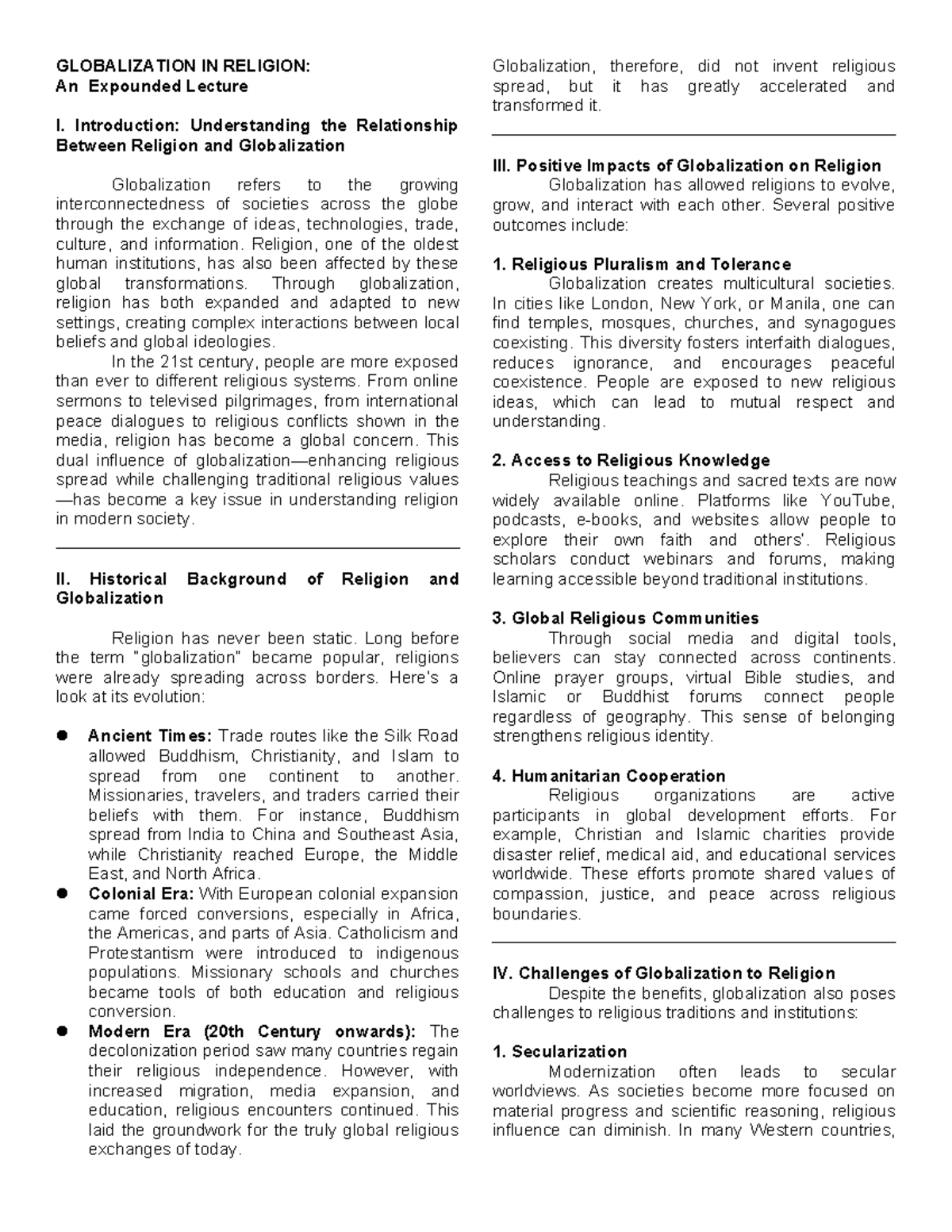 GLOBALIZATION IN RELIGION: An Expounded Lecture on Interconnections ...