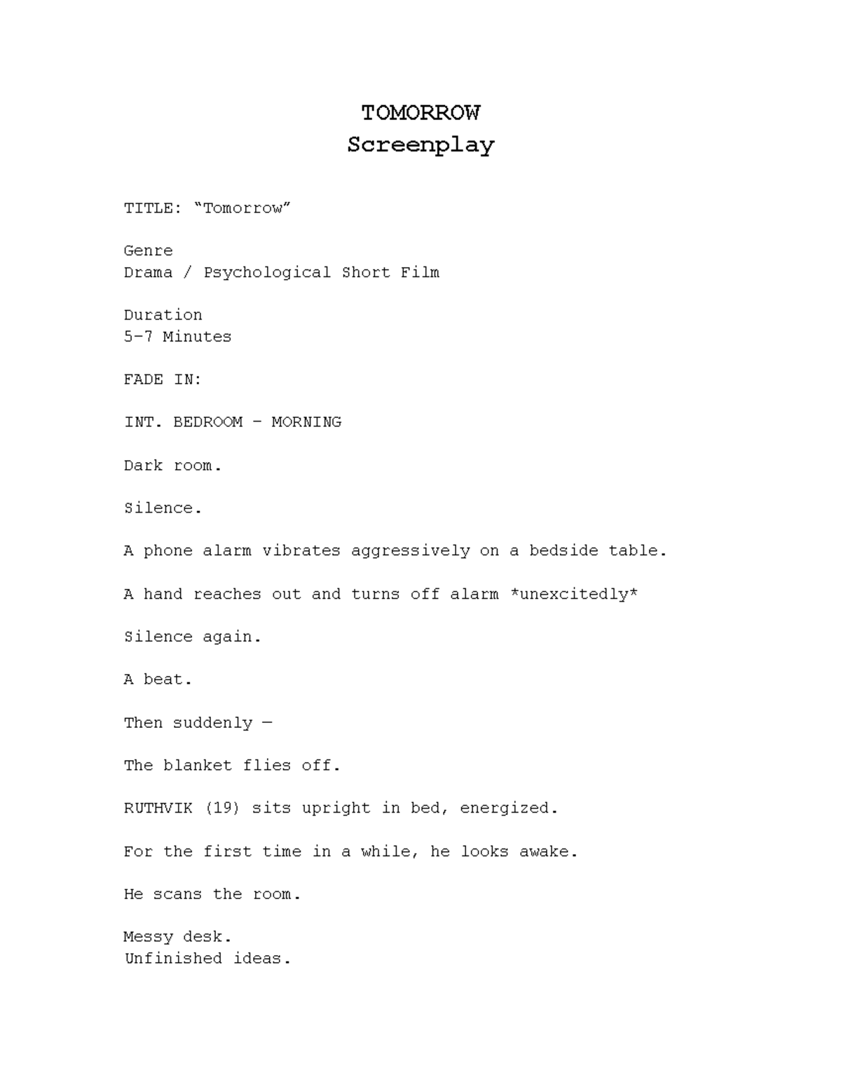TOMORROW: A Psychological Drama Short Film Screenplay - Studocu