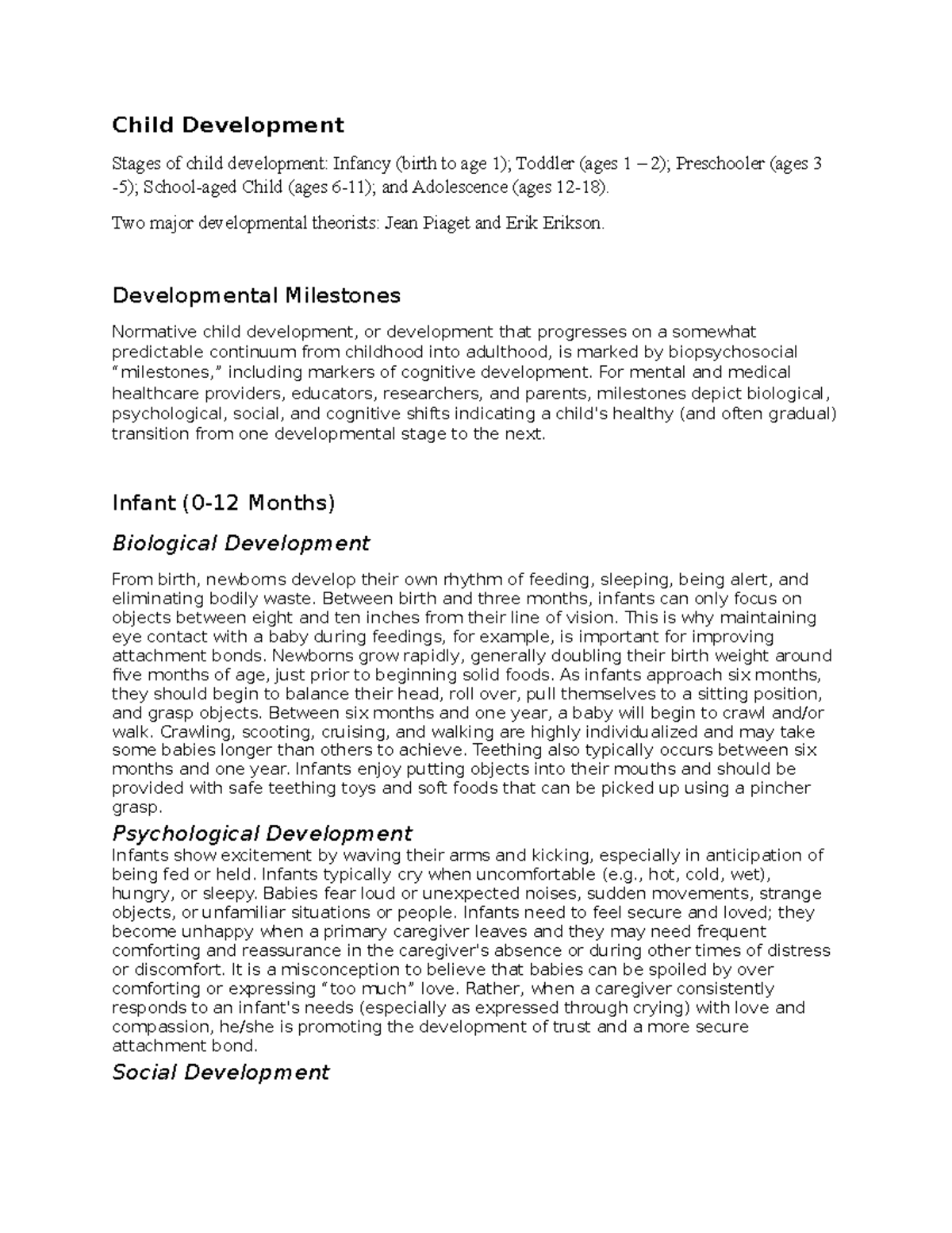 Notes - Child Development Stages of child development: Infancy (birth ...