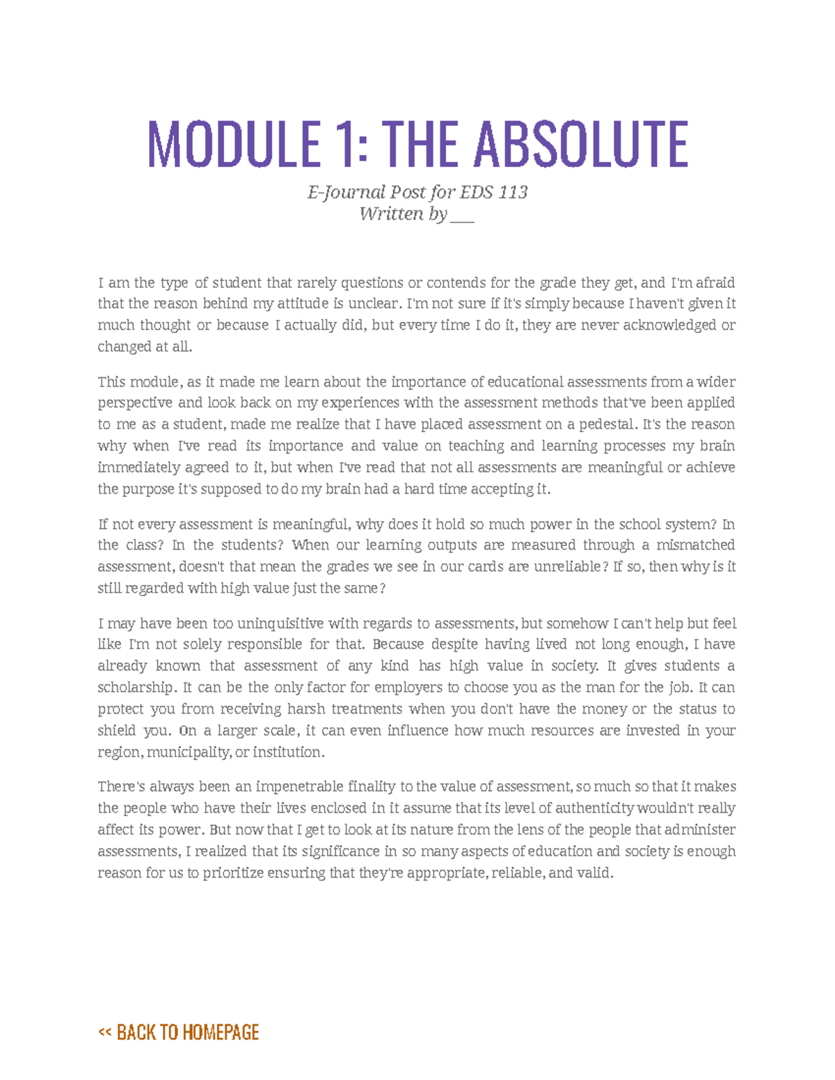 Eds 113 reflection - MODULE 1: THE ABSOLUTE E-Journal Post for EDS 113 ...