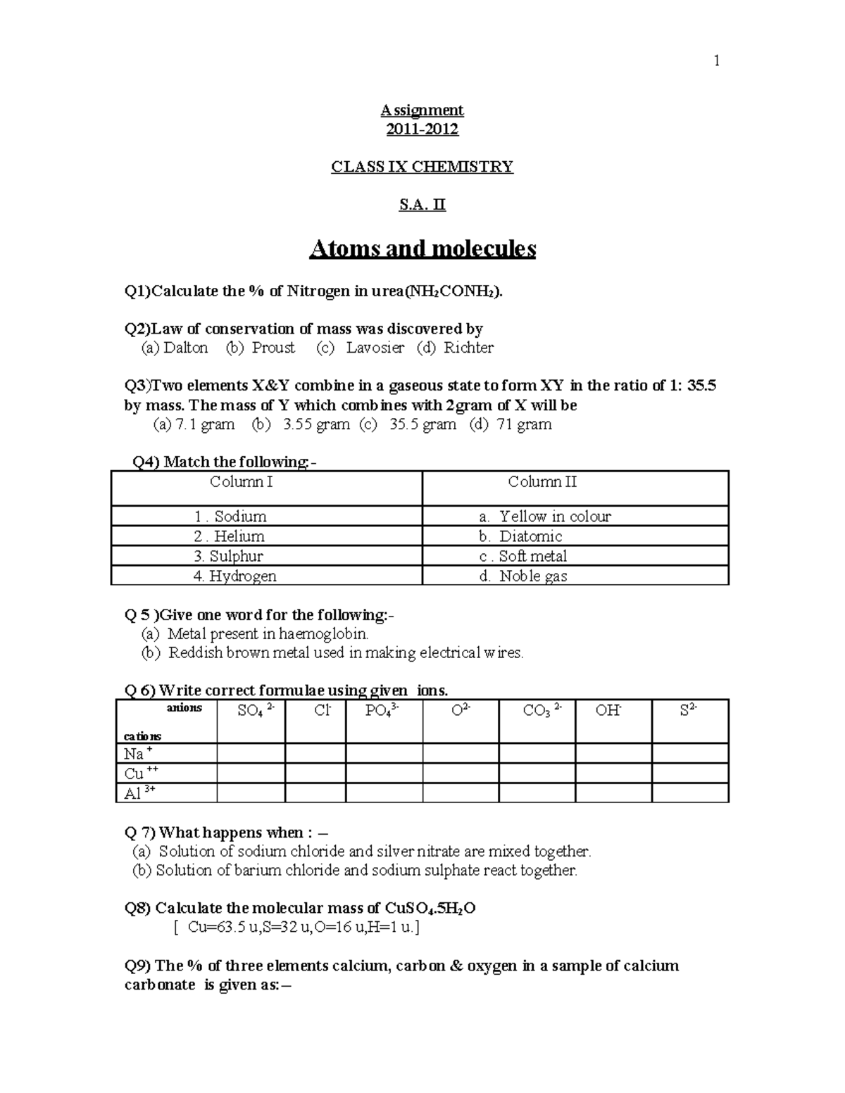 CBSE Class IX Chemistry Worksheet - Atoms and Molecules Assignment ...