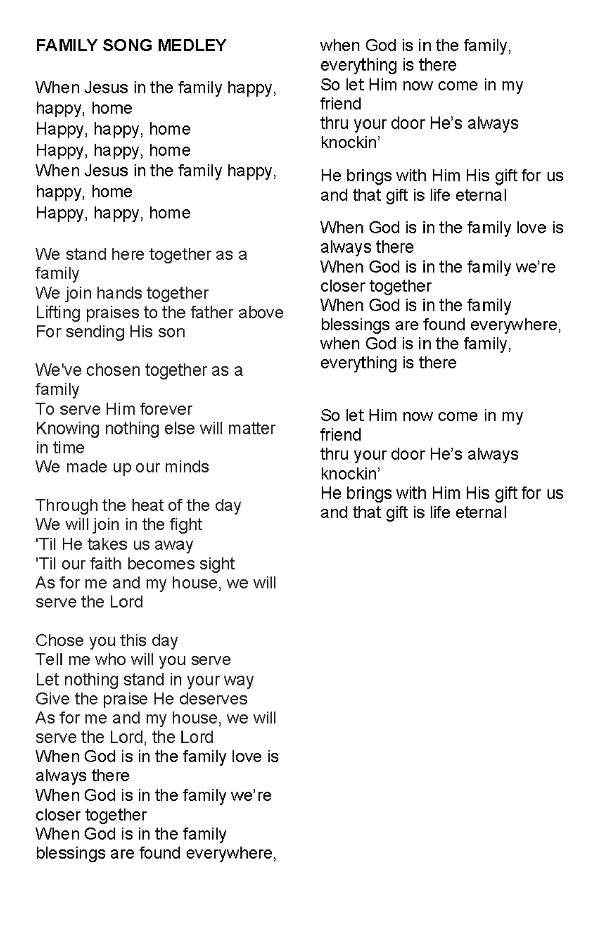 Family Song Medley - Lyrics and Reflections on Togetherness - Studocu
