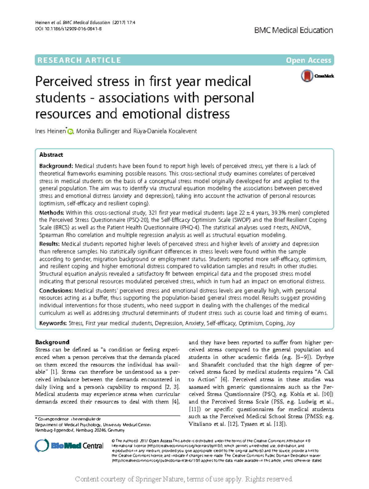 Perceived Stress and Emotional Distress in First-Year Medical Students ...