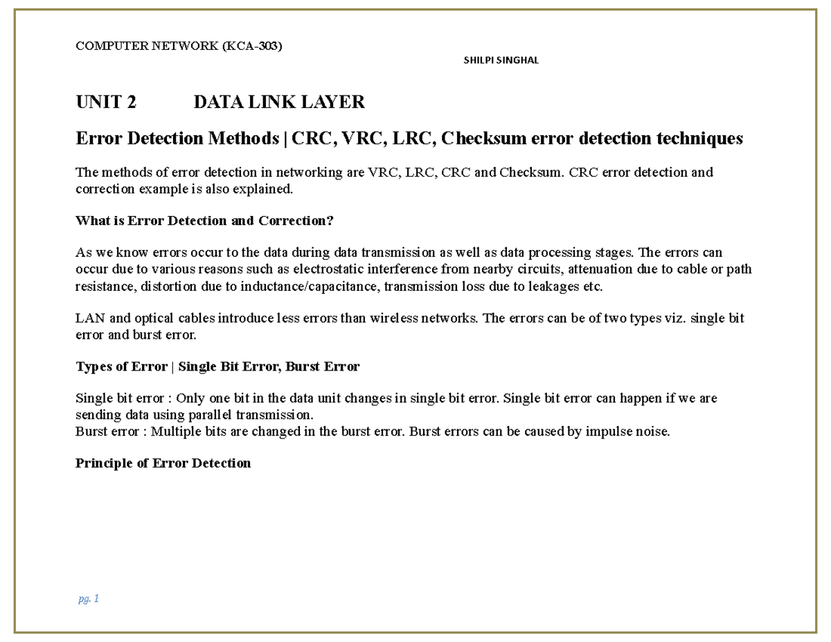 Unit 2 (KCA-303) - SXASA - SHILPI SINGHAL UNIT 2 DATA LINK LAYER Error Detection Methods | CRC ...