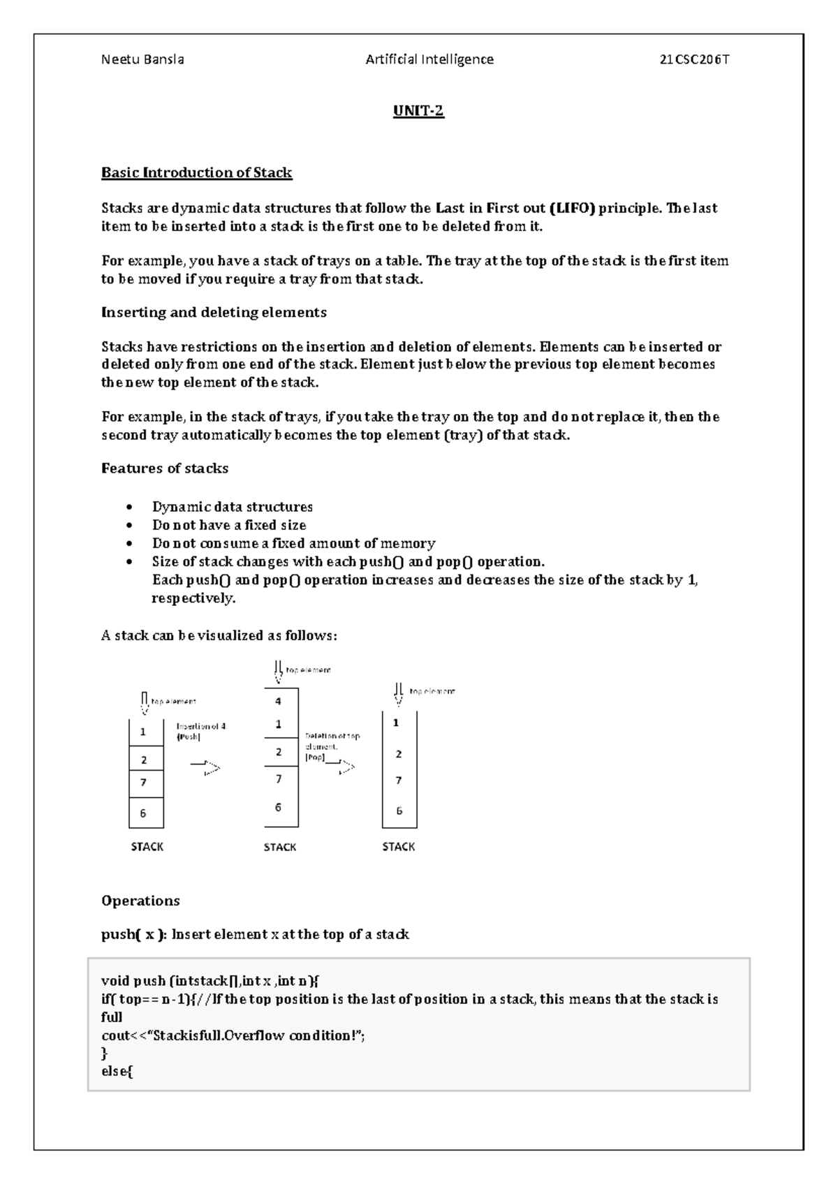 AI 21CSC206T Unit 2 Notes: Data Structures - Stacks, Queues, Trees ...