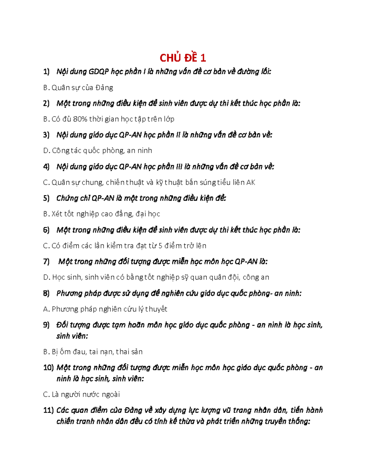 Đáp án câu hỏi trắc nghiệm HP1 - CHỦ ĐỀ 1 N ß i dung GDQP h ß c ph ¿ n ...