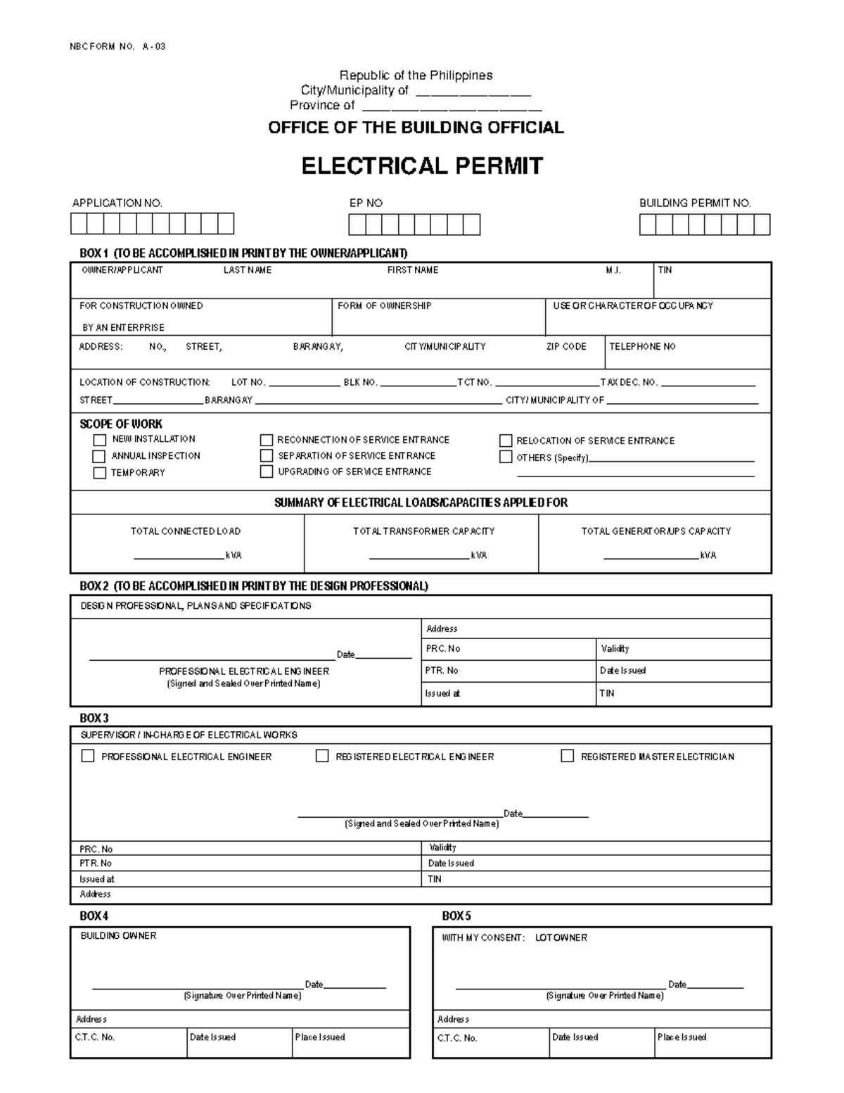 Electrical Permit Application Form - NBC FORM NO. A-03 - Studocu