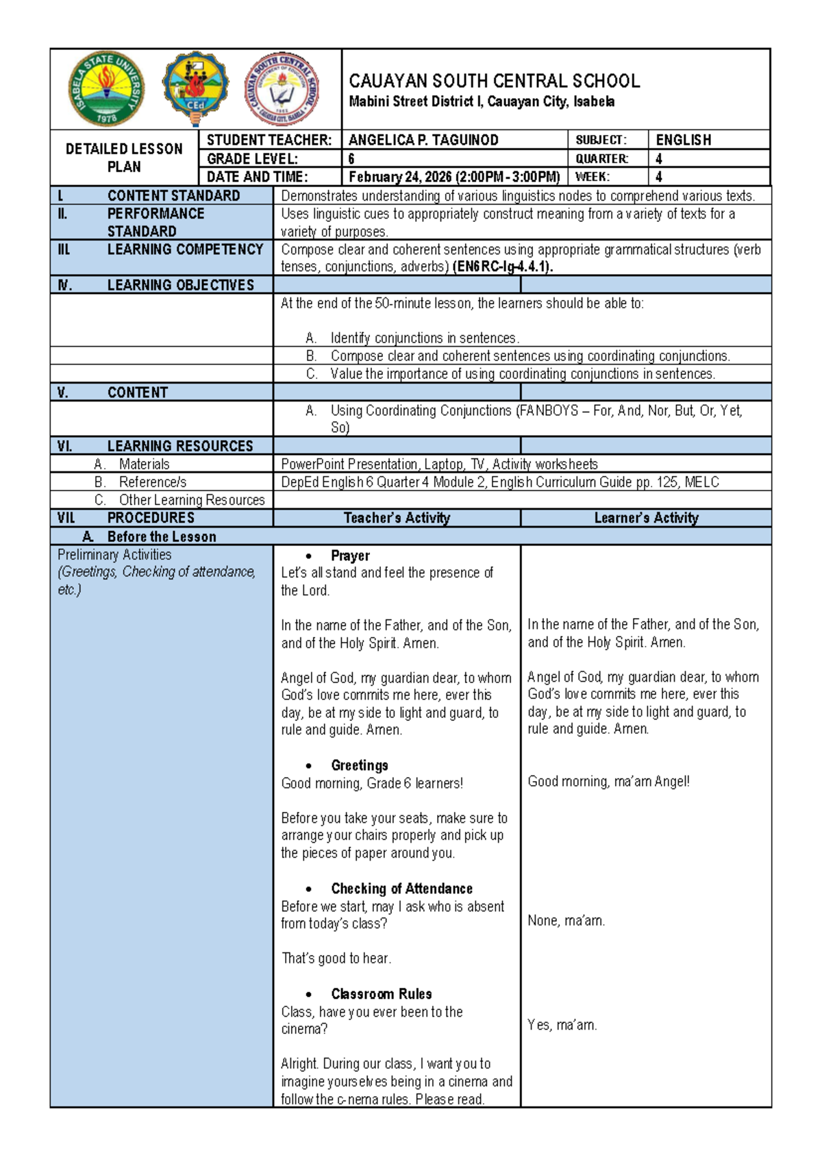 Lesson Plan: English 6 - Coordinating Conjunctions (Quarter 4) - Studocu