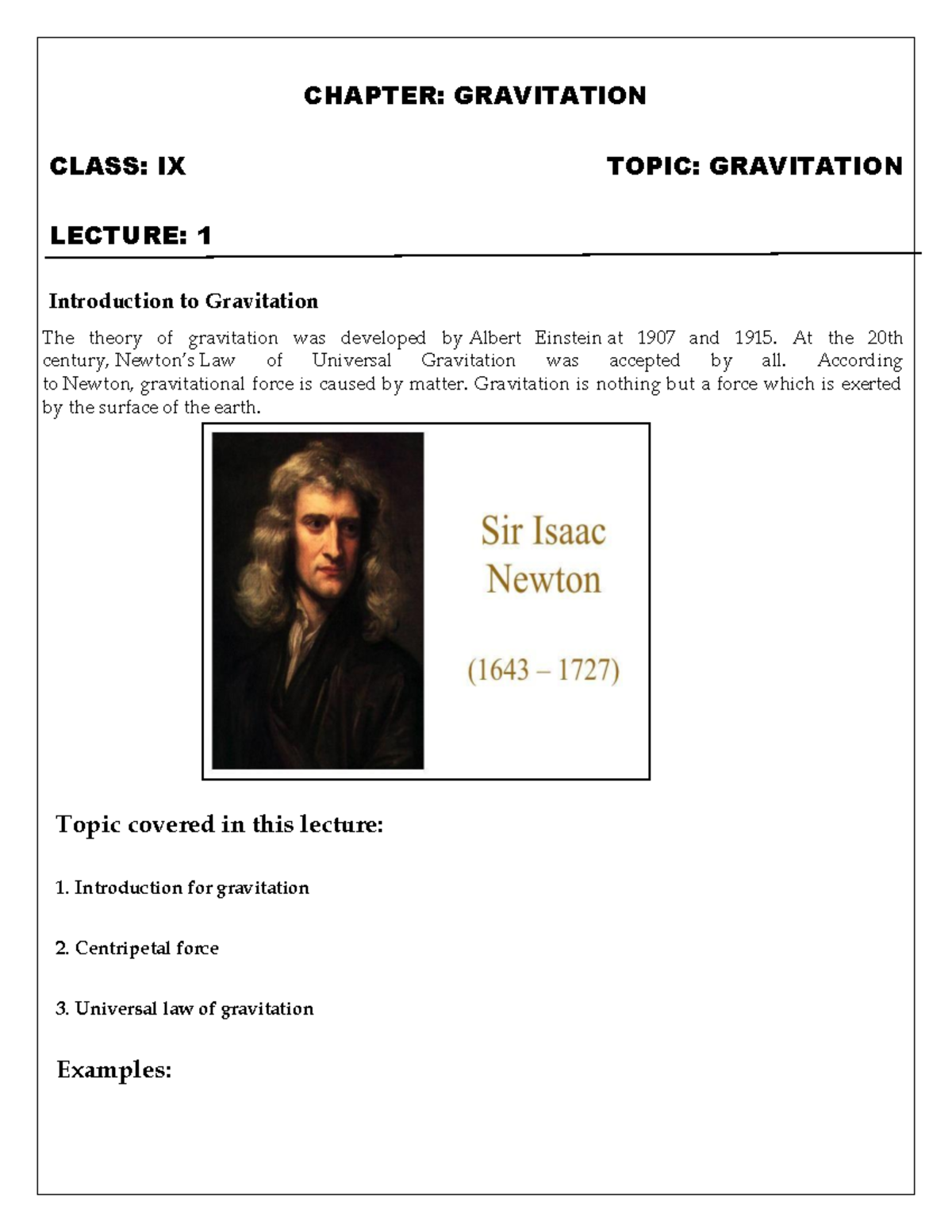 Gravitation notes - CHAPTER: GRAVITATION CLASS: IX TOPIC: GRAVITATION ...