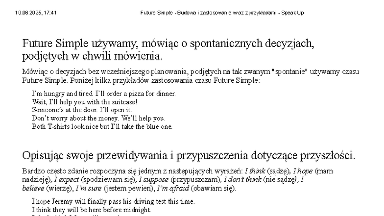 Future Simple: Budowa i Zastosowanie z Przykładami - Studocu