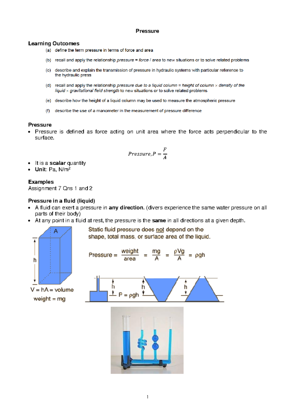 S3G2&3-Pressure-Notes - Pressure Learning Outcomes Pressure Pressure is ...