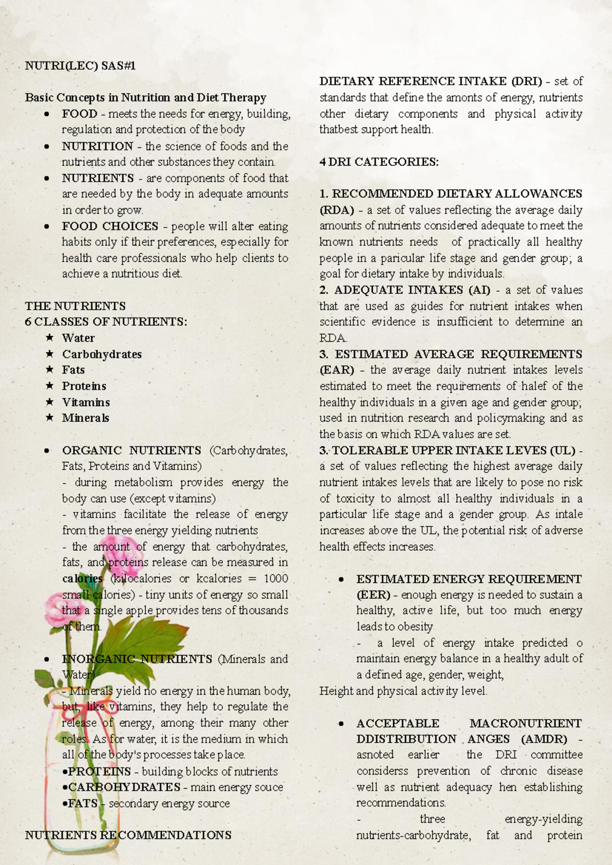 NUTRI(LEC) Basic Concepts in Nutrition and Diet Therapy: Key Nutrients ...