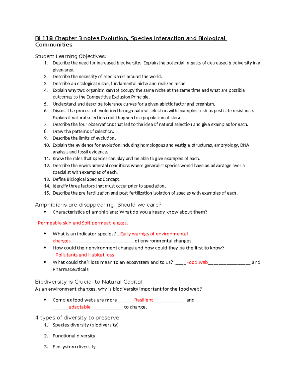 Bi 118 Chapter 3 Notes: Evolution, Biodiversity, and Species ...