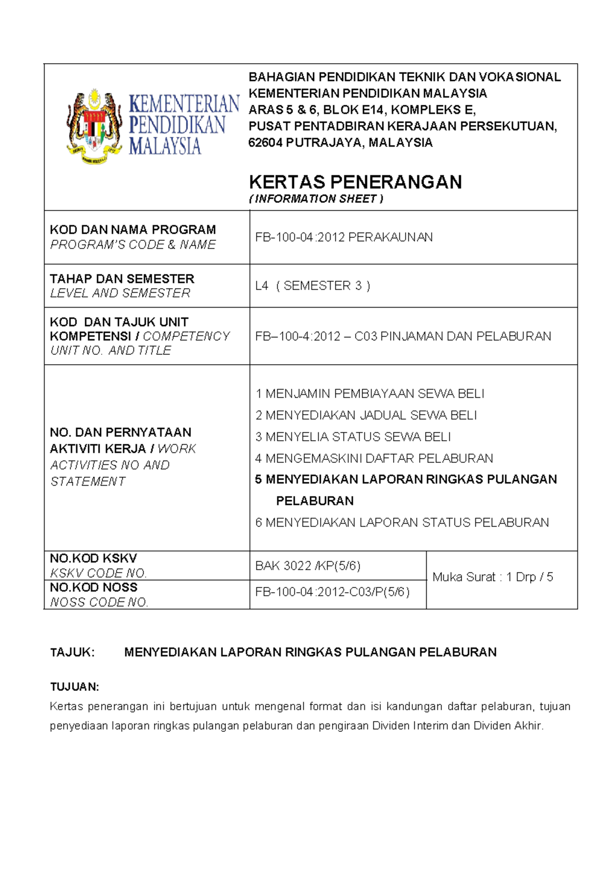 KP BAK 3022 - PTA - KOD DAN NAMA PROGRAM PROGRAM’S CODE & NAME FB-100 ...