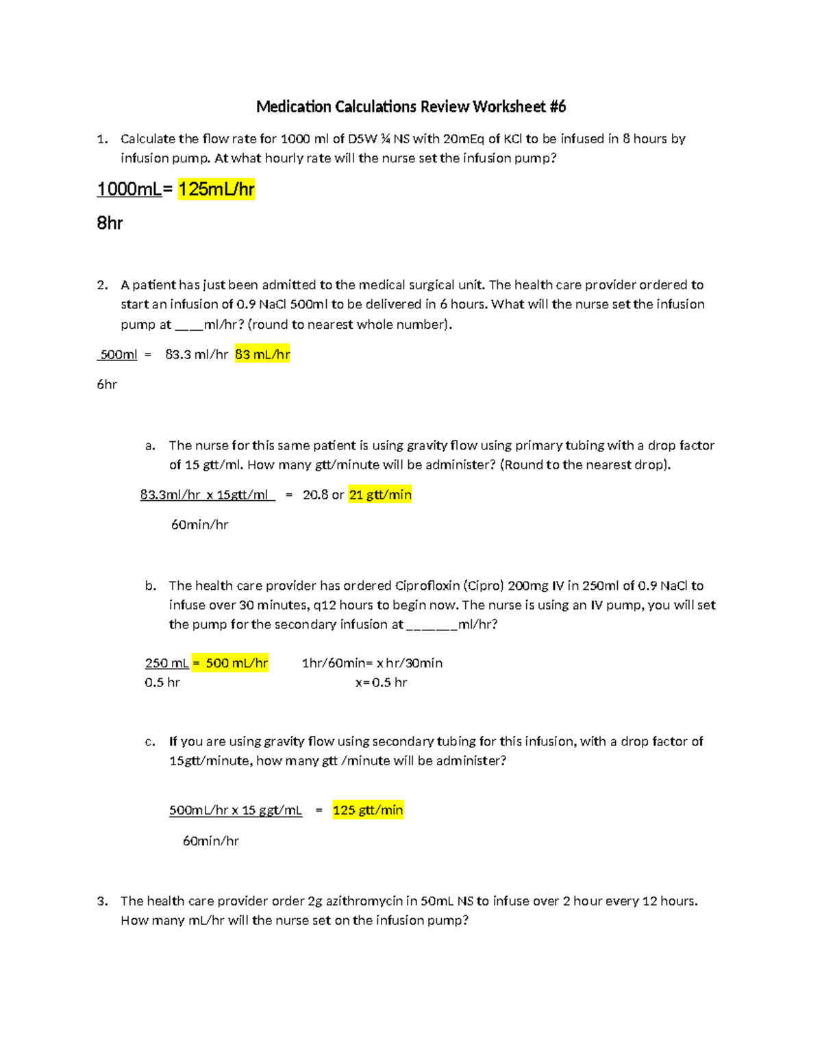 6 Med Calc Worksheet - KEY - Medication Calculations Review Worksheet 1 ...