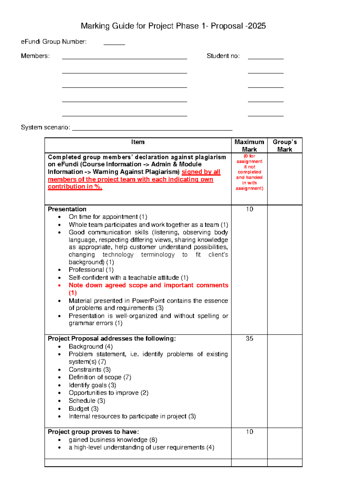Project Marking Guide - Phase 1 Project Proposal 2025 - Marking Guide ...