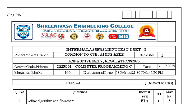 CS25C01 Computer Programming Set I Final Exam Questions - Studocu