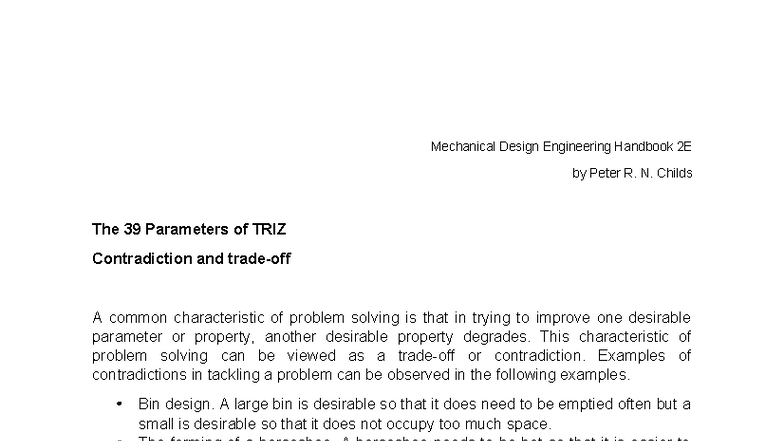 Mechanical Design Engineering Handbook 2E: The 39 TRIZ Parameters - Studocu