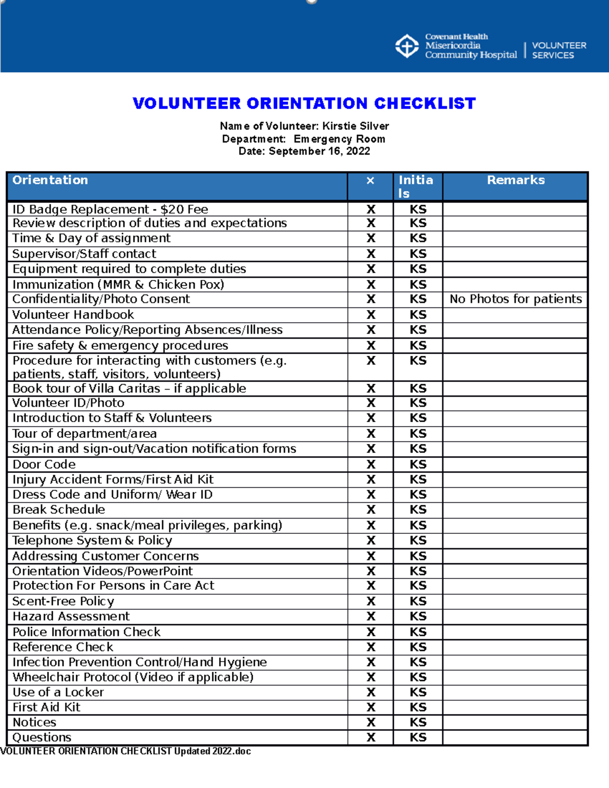 Volunteer Orientation Checklist -2022 - VOLUNTEER ORIENTATION CHECKLIST ...
