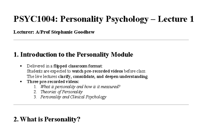 PSYC1004: Personality Psychology Lecture 1 & 2 Notes - Studocu
