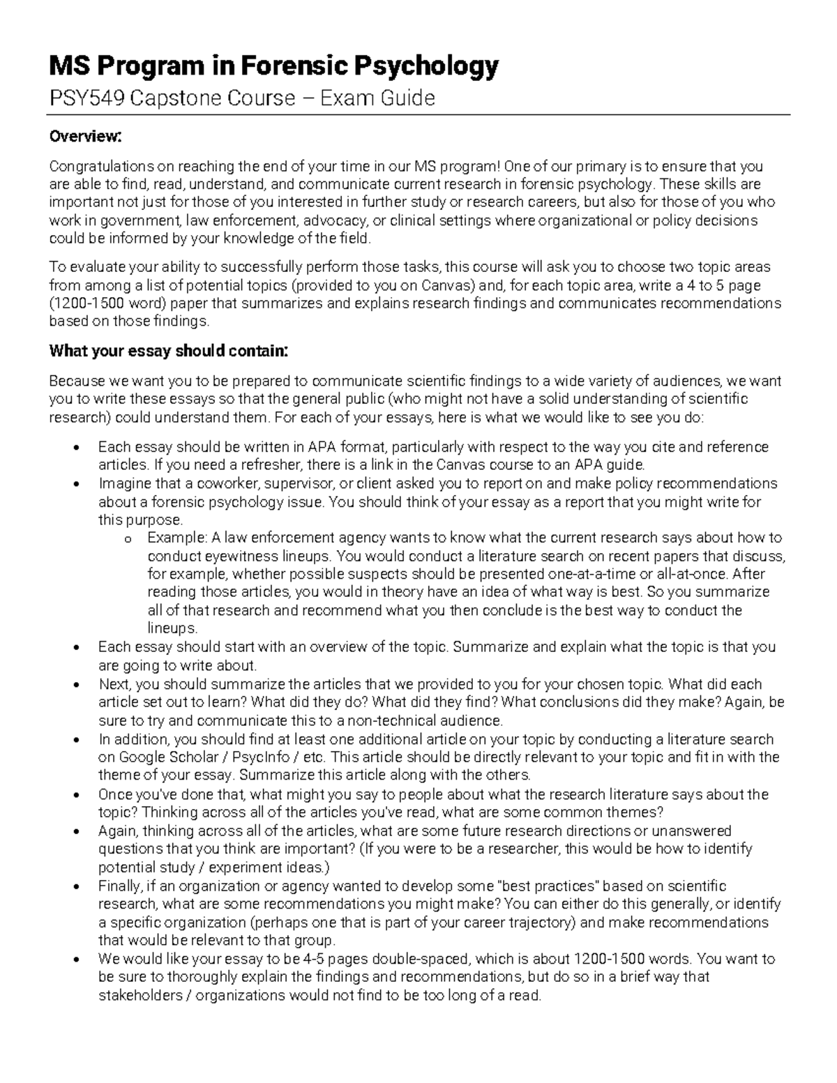 MS Program in Forensic Psychology PSY549 Capstone Exam Guide - Studocu