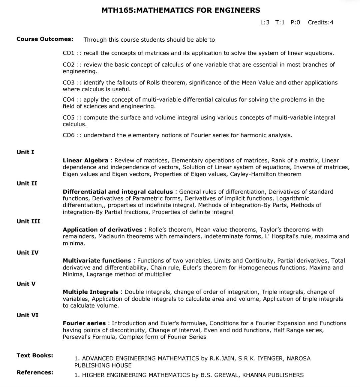 MATHEMATICS FOR ENGINEERS L:3 T:1 P:0 - Course Overview and Outcomes ...