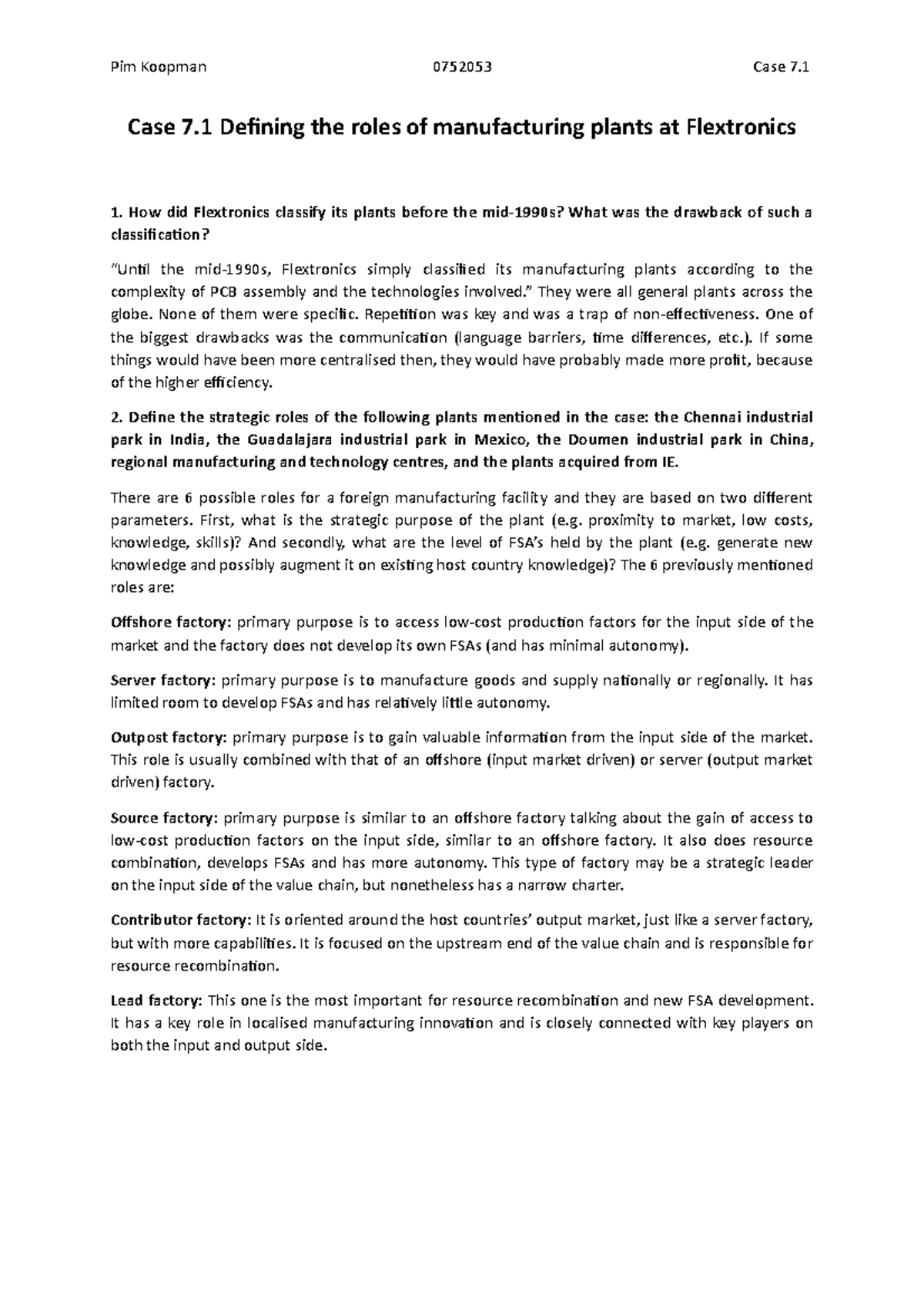 Case Study 7.1: Manufacturing Plant Roles at Flextronics Explained - Studeersnel