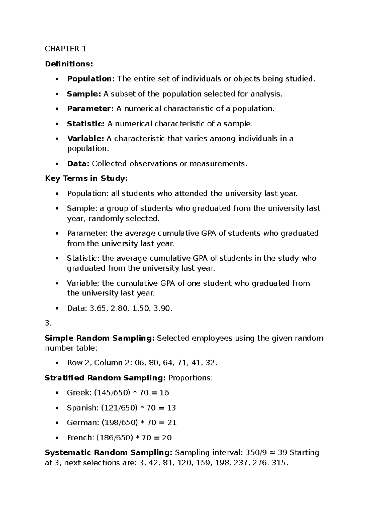 Chapter 1 tutorial memo - CHAPTER 1 Definitions: Population: The entire ...