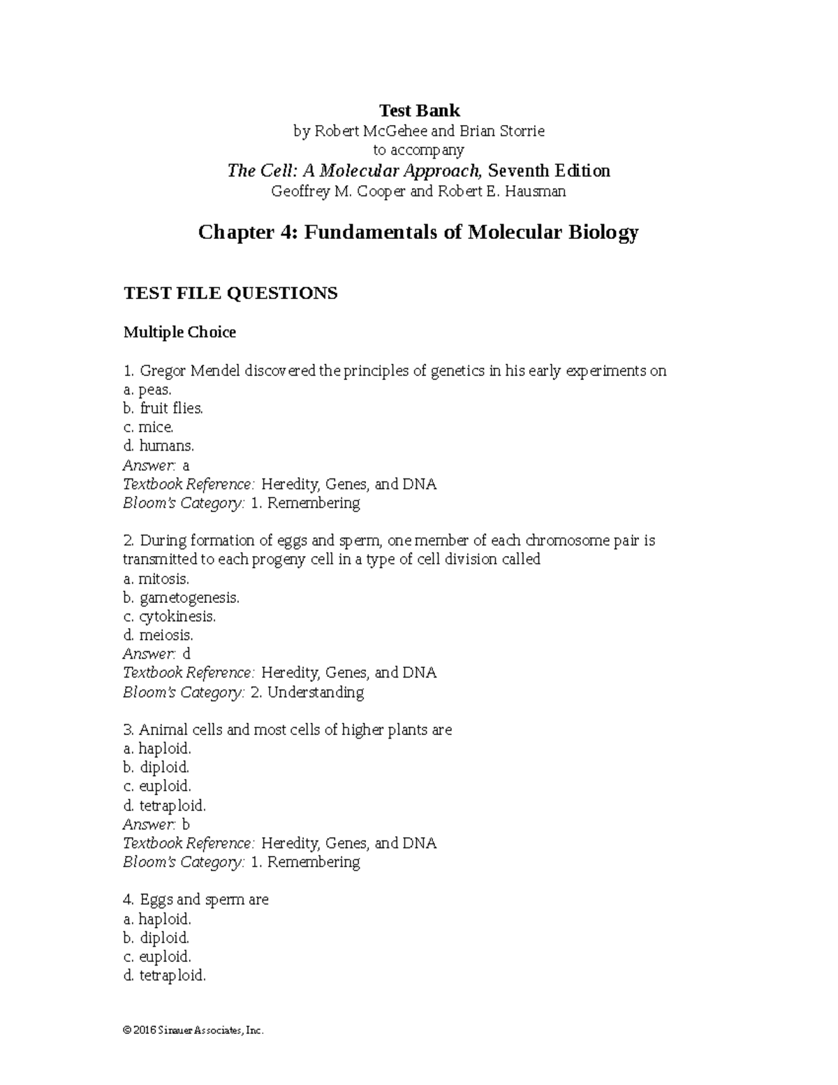 Test Bank for The Cell 7e Chapter 04: Molecular Biology Concepts - Studocu