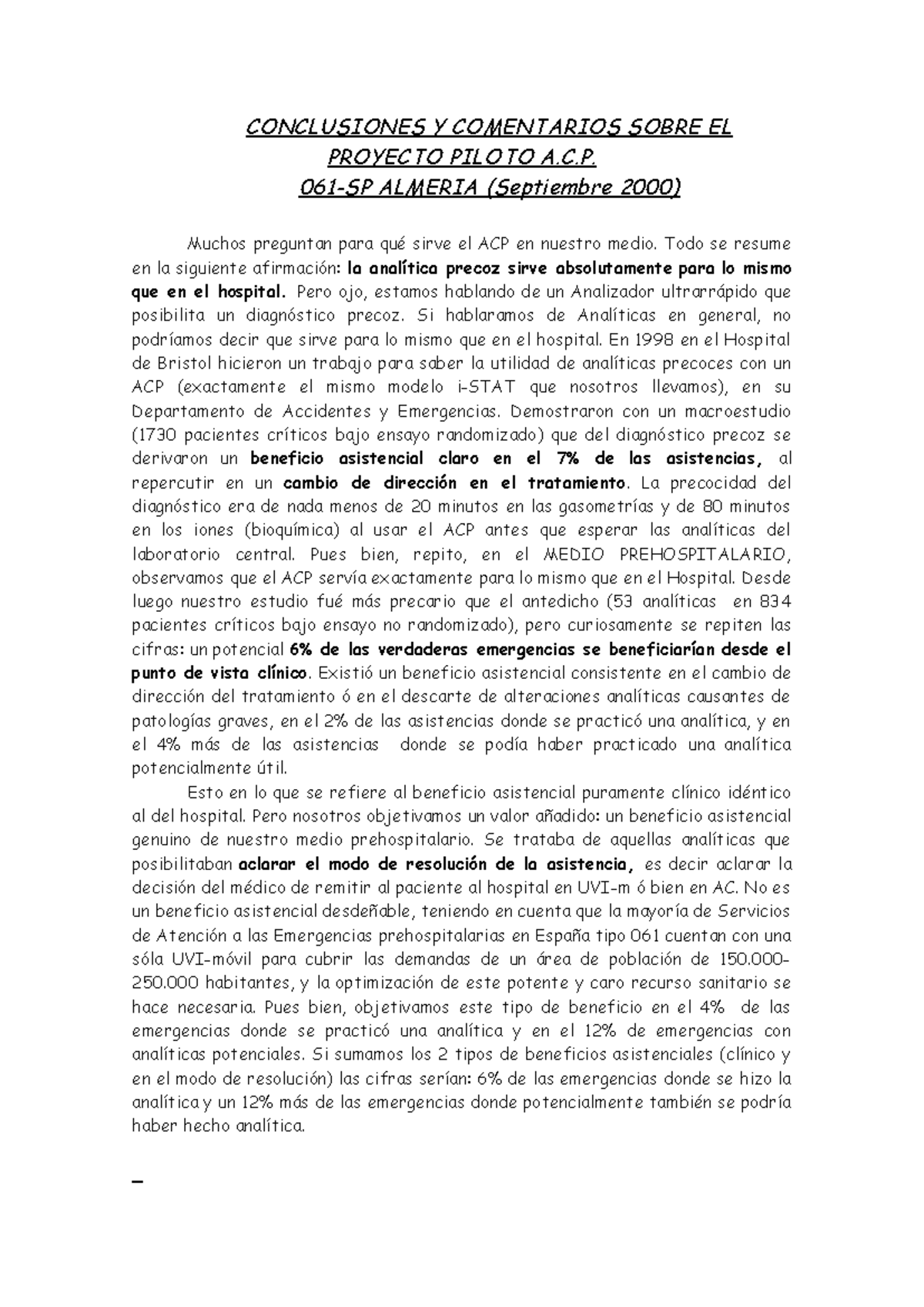 Conclusiones del Proyecto Piloto A.C.P. Almería: Análisis y Resultados ...
