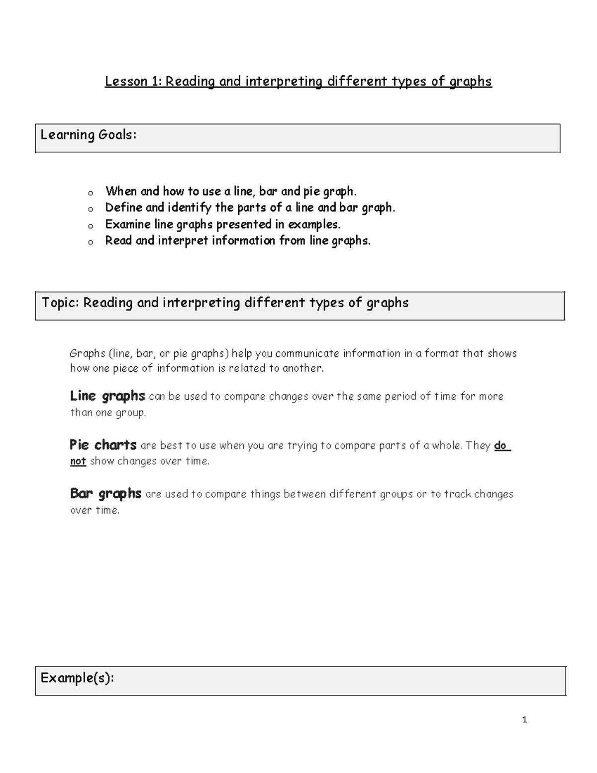 Lesson 1: Interpreting Line, Bar, and Pie Graphs (Course Code: N/A ...