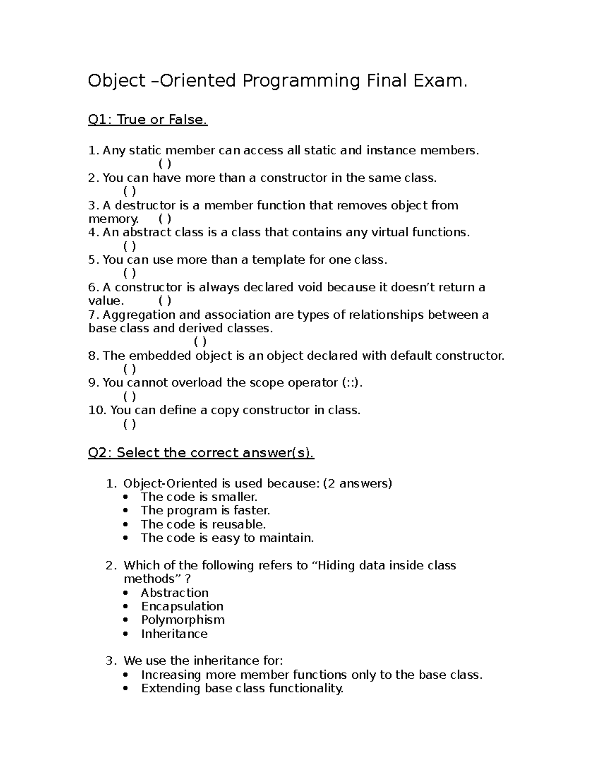 OOP Final Exam Questions & Answers - OOP 101 - Studocu