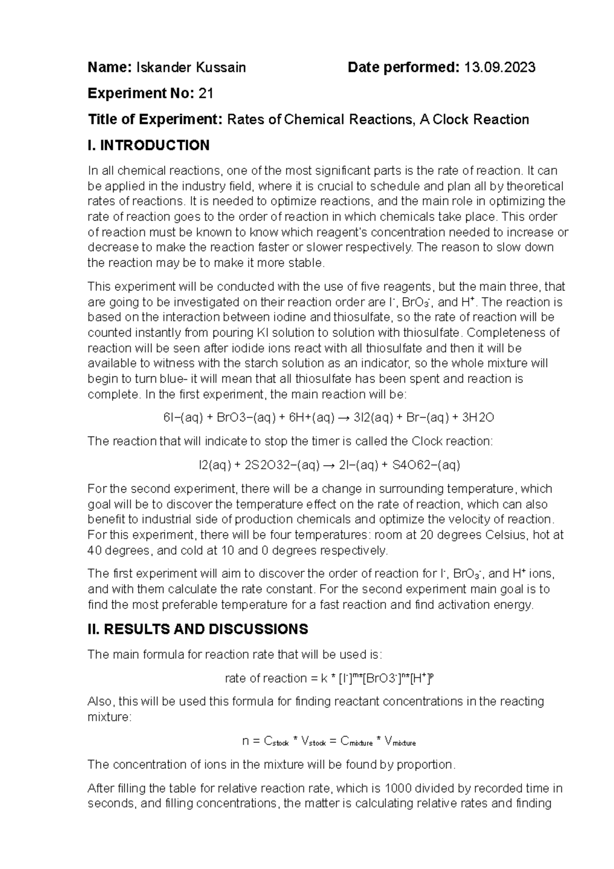 Chemical Reaction Rates: An In-Depth Study of Clock Reaction (Exp. 21 ...