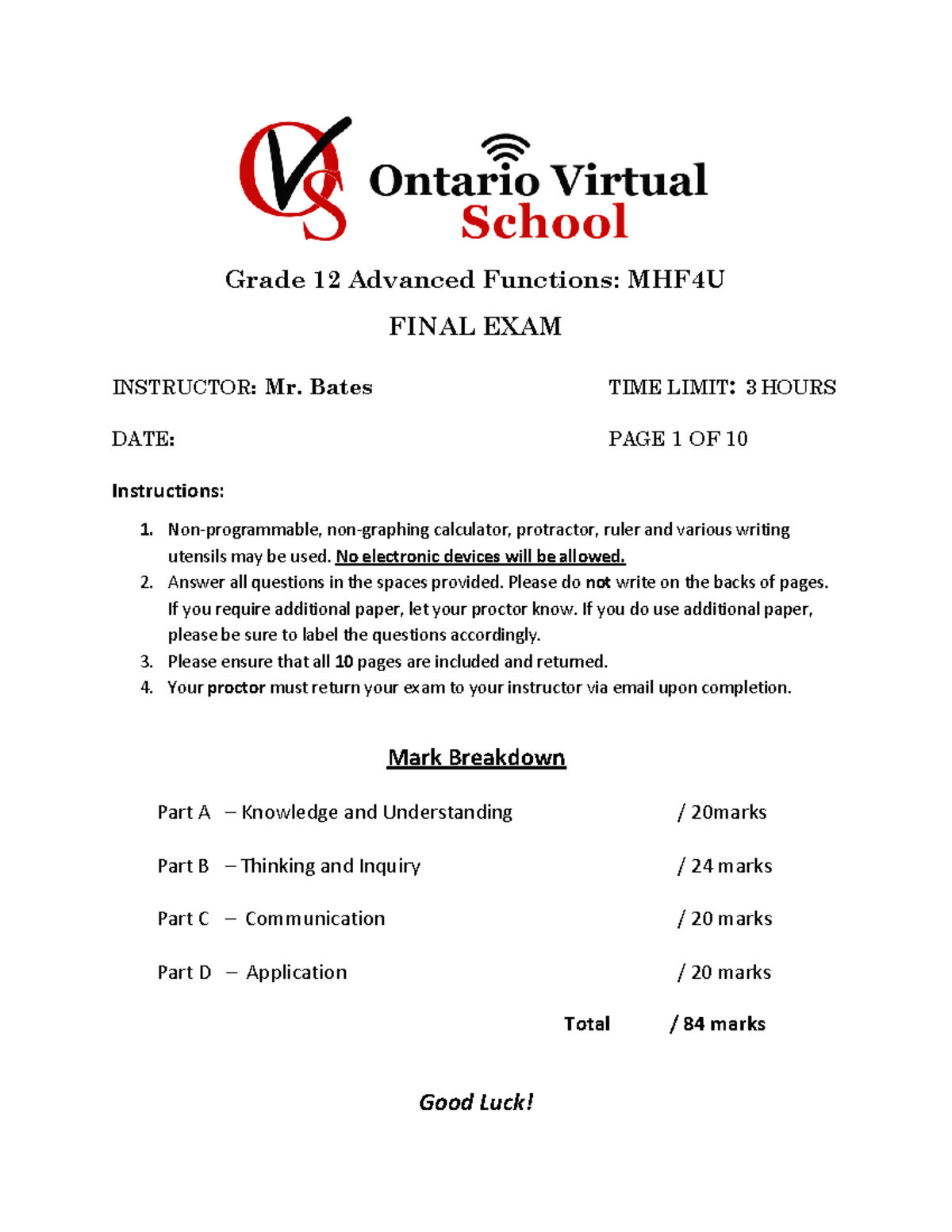 Final Exam Review for Grade 12 Advanced Functions MHF4U - Studocu