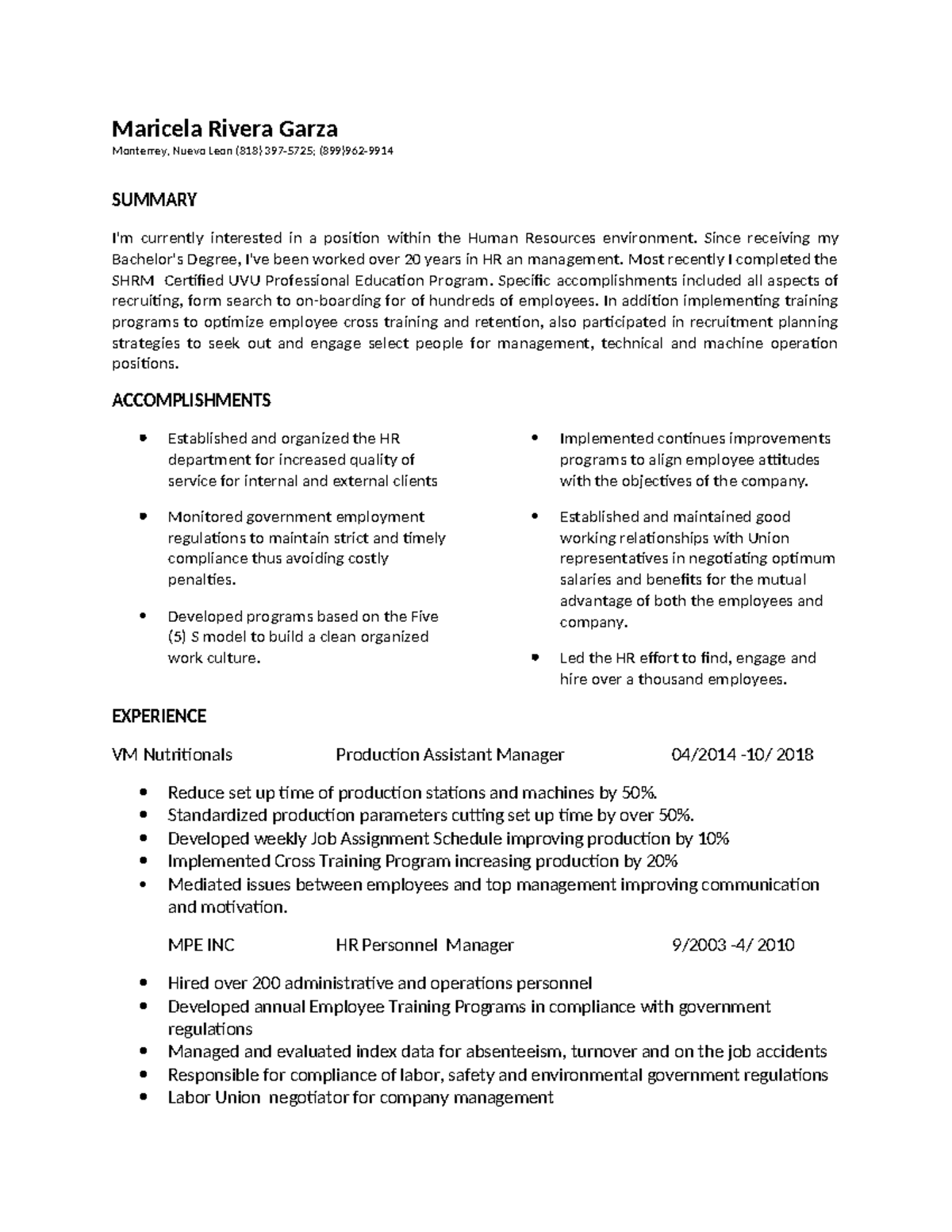 HR Professional Resume - Maricela Rivera Garza (818) - Studocu