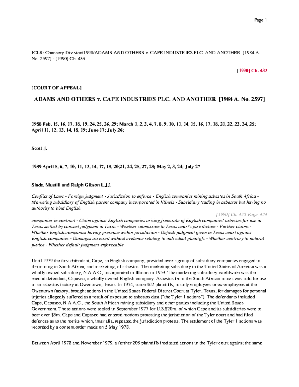 Adams v. Cape Industries: Court of Appeal Judgment Analysis (1990 ...