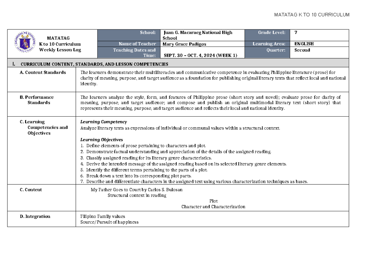 DLL Matatag English 7 Q2 Week 1 Teaching Guide and Lesson Plans - Studocu