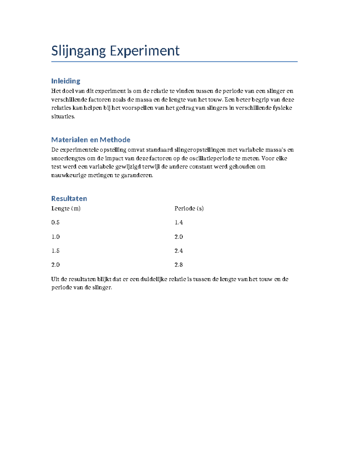 Essay - Practicum - Relatie Touwlengte en Slingsnelheid - Studeersnel