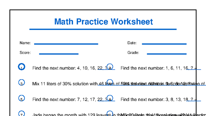 Math Practice Worksheet 3: Number Sequences & Solutions - Studocu