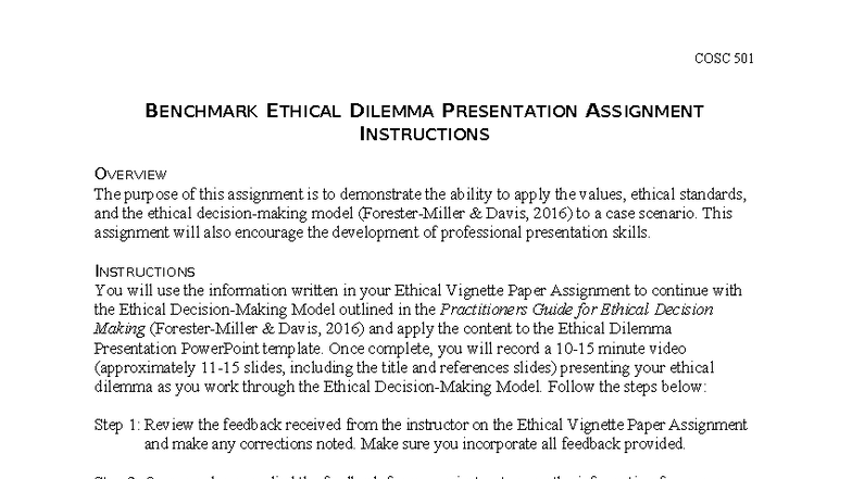 COSC 501 Ethical Dilemma Presentation Assignment Guidelines - Studocu