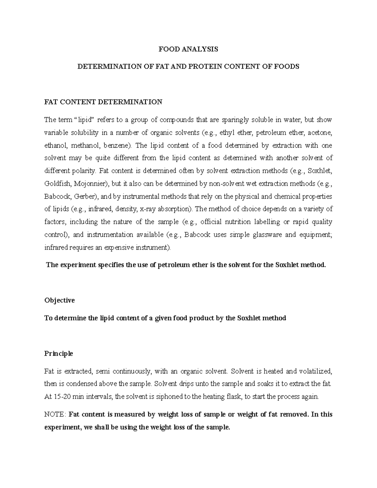 Determination of Fat and Protein Content in Foods: A Laboratory Guide ...