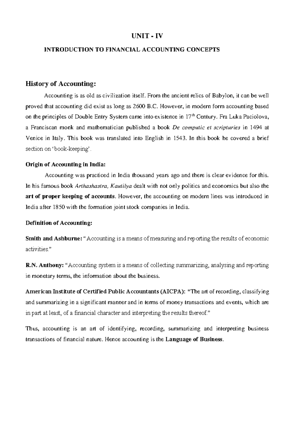UNIT IV: INTRODUCTION TO FINANCIAL ACCOUNTING CONCEPTS - MEFA Notes ...