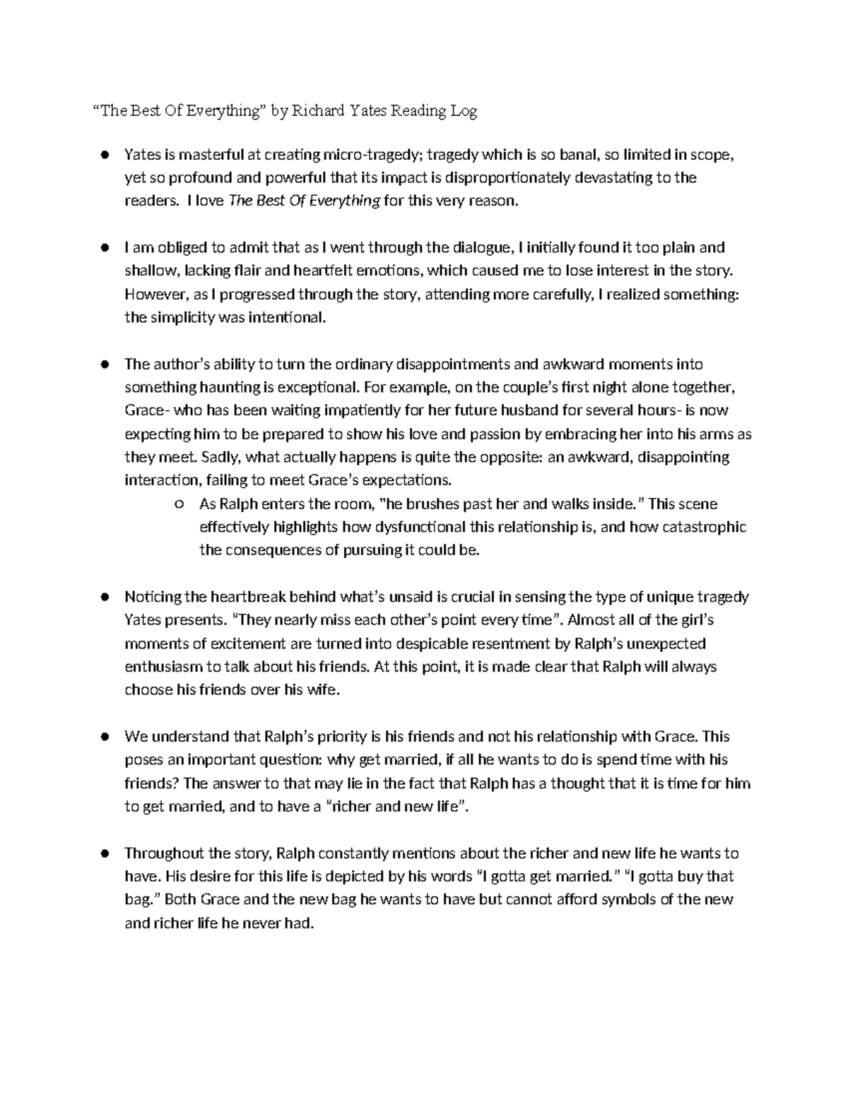 Richard Yates: The Best of Everything Reading Log Analysis - Studocu