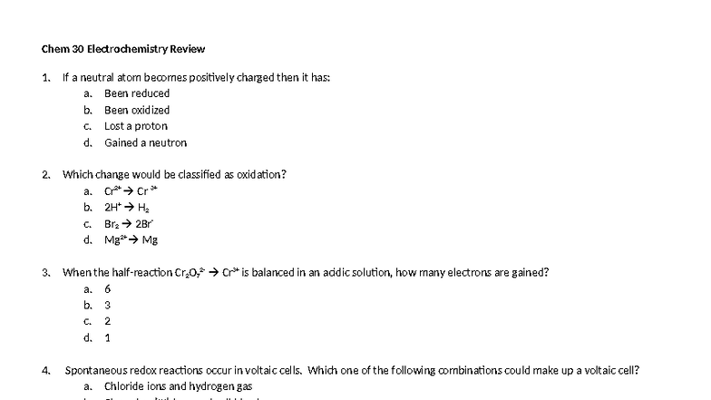 Chem 30 Electrochemistry Final Exam Review Notes - Studocu