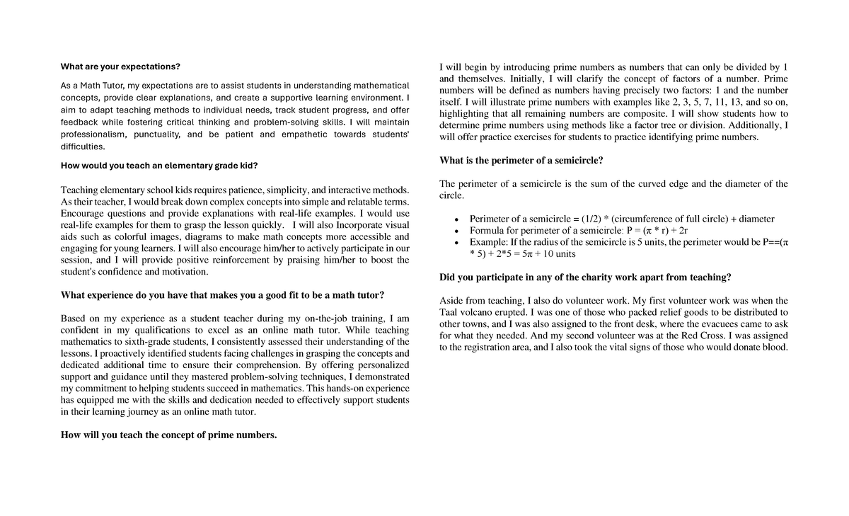 Purposive Communication: Sample Math Tutor Interview Q&A - Studocu